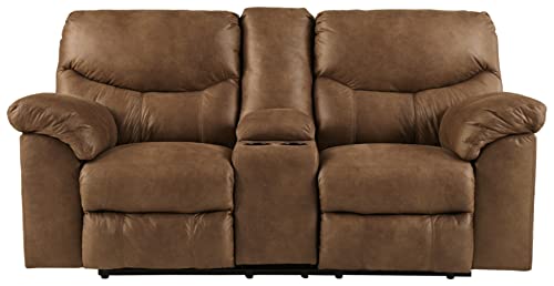 Signature Design by Ashley Boxberg Oversized Faux Leather Manual Double Reclining Loveseat with Center Console, Brown