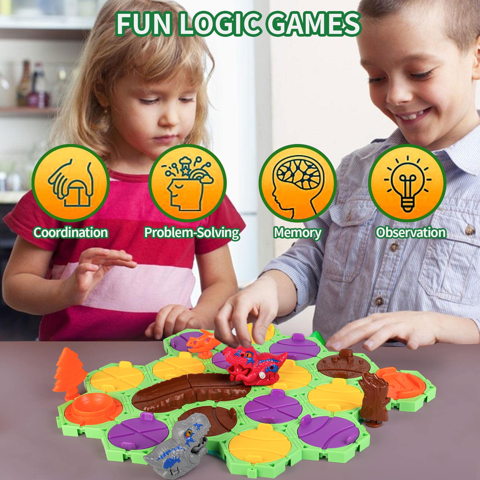 Logical Road Builder Blocks Puzzle Play, STEM Board Games with Wind-up Dinosaur, Brain Teaser Puzzles Toy for Kids Ages 3-8 Years, Learning & Education Idea Gift
