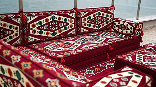 Maroon Floor Cushions, L Shaped Arabic Seating Sofas, Balcony Terrace Sofas, Washable Cushion Covers, Traditional Floor Couch, Arabic Majlis, Futon Sofa Bed (L Sofa Full Set)