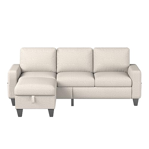 Sunrise Coast Sectional L-Shaped Sofa Modern Linen Fabric 3-Seat Couch with Convertible Storage Ottoman Beige Living Room Furniture Set for Apartment Loft Small Spaces