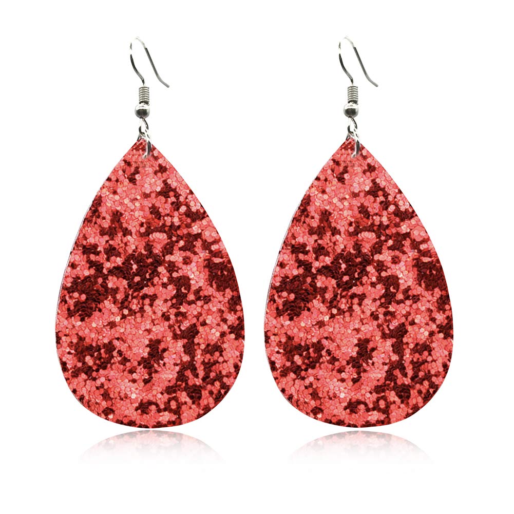 GIMEFIVE 4 Pairs Leather Teardrop Glitter Sequins Earring Lightweight Leaf Drop Bohemian Hollow Earrings For Women (Red+Gold+Silver+White)