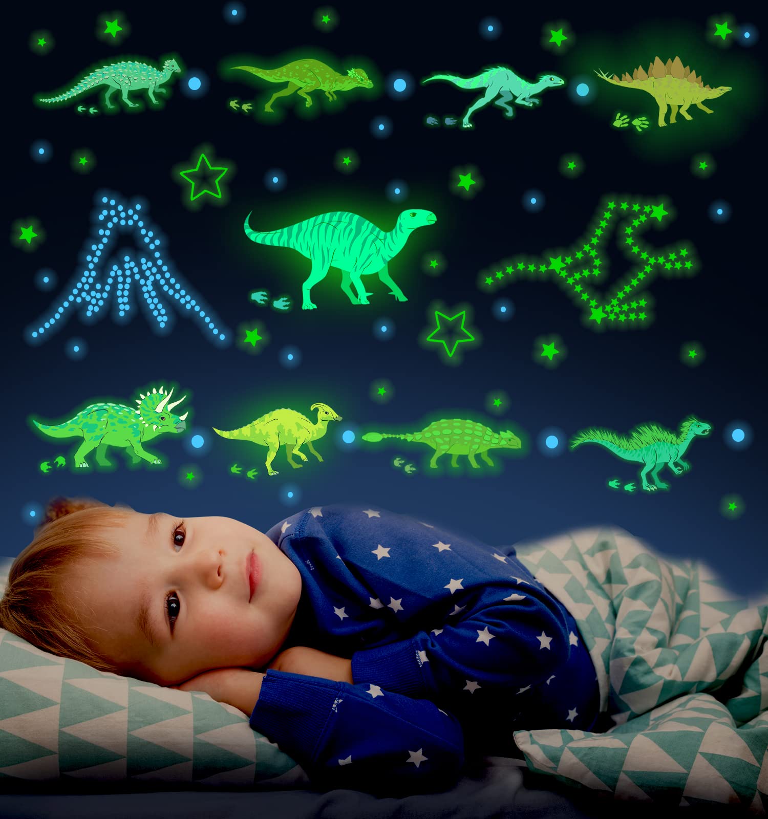 Glow in The Dark Dinosaur Wall Decals - 652Pcs Dinosaur Wall Stickers for Boys Room,Kids Wall Decor Stars for Baby Nursery Boys Bedroom Ceiling (Green Dinosaur)