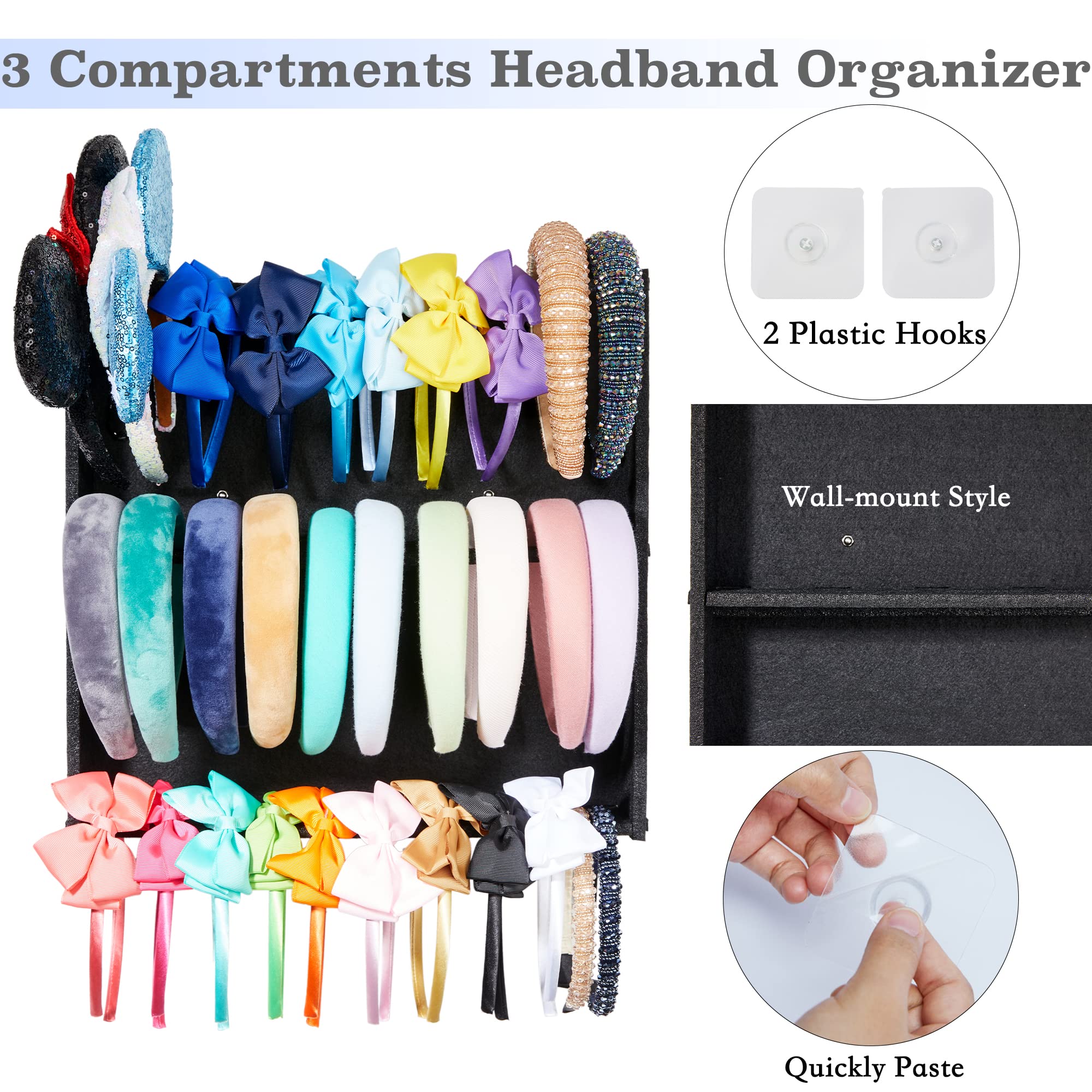 HUHYNN Headband Holder Wall-mount Headband Holder Organizer, Headband Organizer Display for Girls Women Headbands Holder (Black)