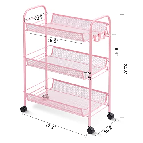 TOOLF 3-Tier Metal Rolling Cart, Mesh Wire Easy Assemble Utility Cart, Storage Trolley on Wheels with Hooks, Tiered Storage Shelving Organizer for Kitchen Bathroom Laundry Room