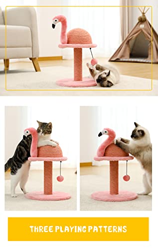 PETEPELA Cat Scratching Post, Flamingos Natural Sisal Cat Scratcher with Interactive Toy Ball and Extra Replacement Sisal Scrathing Pole for Kittens and Small Cats Pink