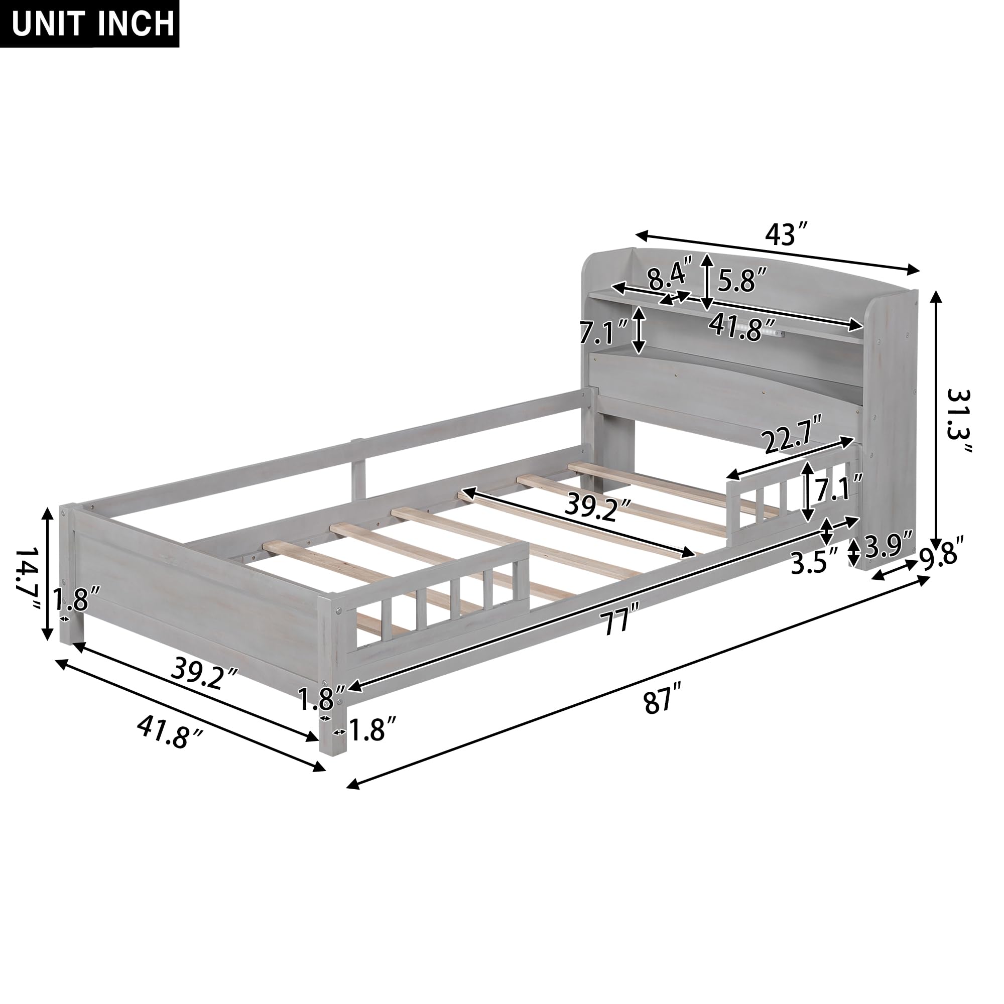Fuhomtre Platform Bed with Storage Shelves,Built-in LED Light,No Box Spring Needed, Strong Frame and Wooden Slats Support,Easy Assembly