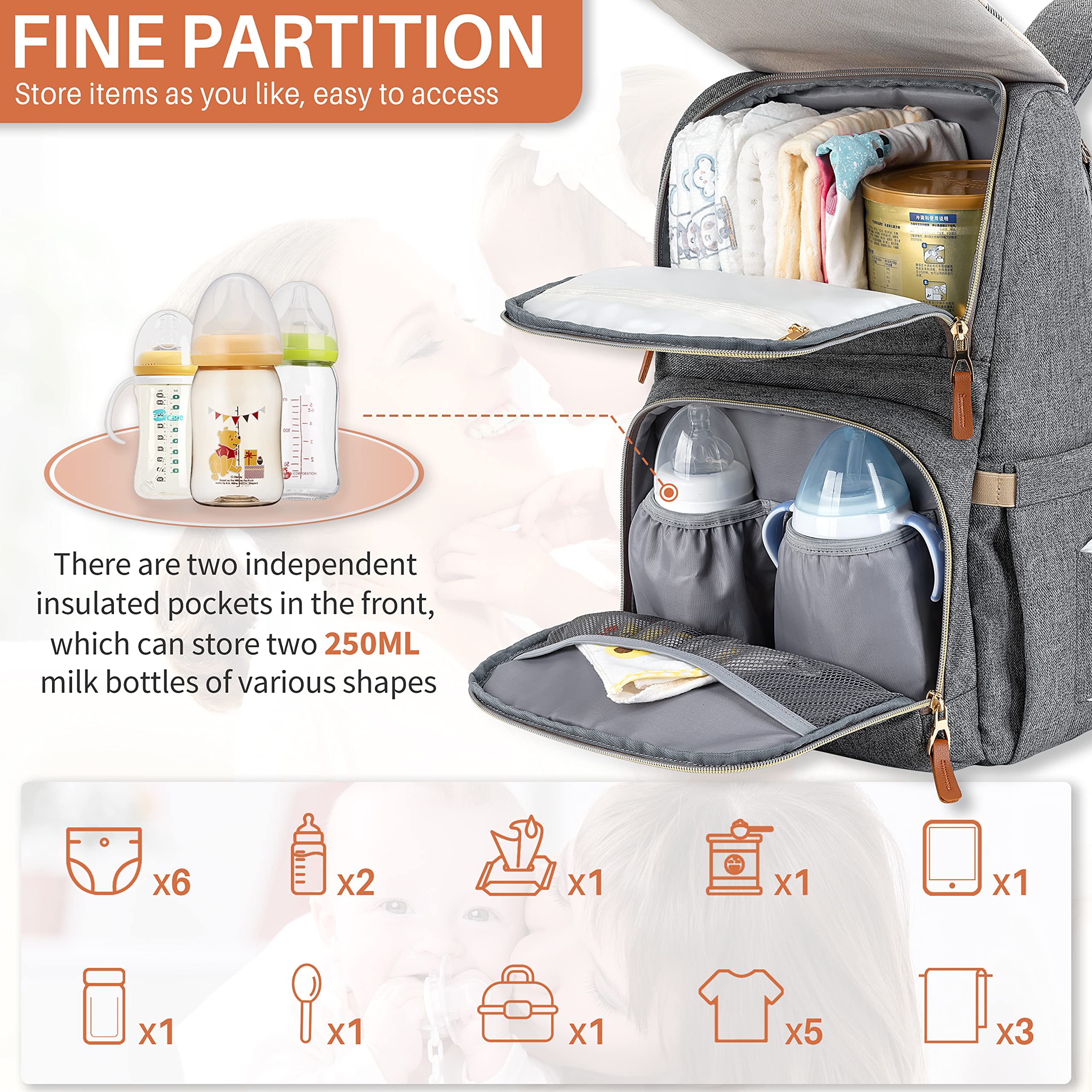 espidoo Diaper Bag Backpack, Large Capacity Multi-Function Waterproof Maternity Nappy Bags Changing Bags with Insulated Pockets and Stroller Straper for Mom Dad Travel Gear, Light Grey with Plaid