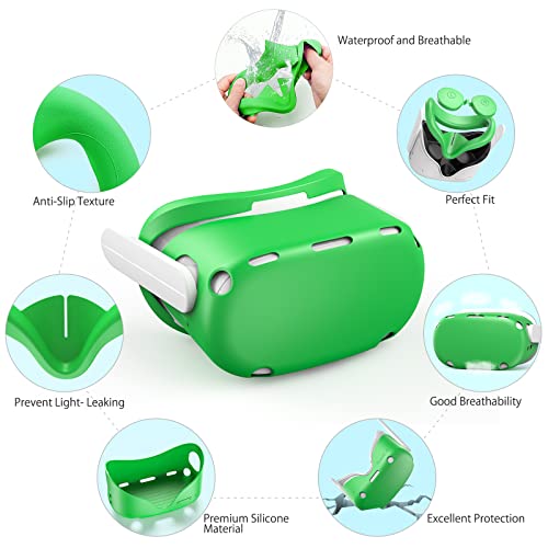 HUIUKE Touch Controller Grip Cover for Quest 2 with VR Shell Cover, Silicone VR Face Cover Pad and Lens Cover, 4 in 1 Silicone Cover Set for Quest 2 Accessories (Green)