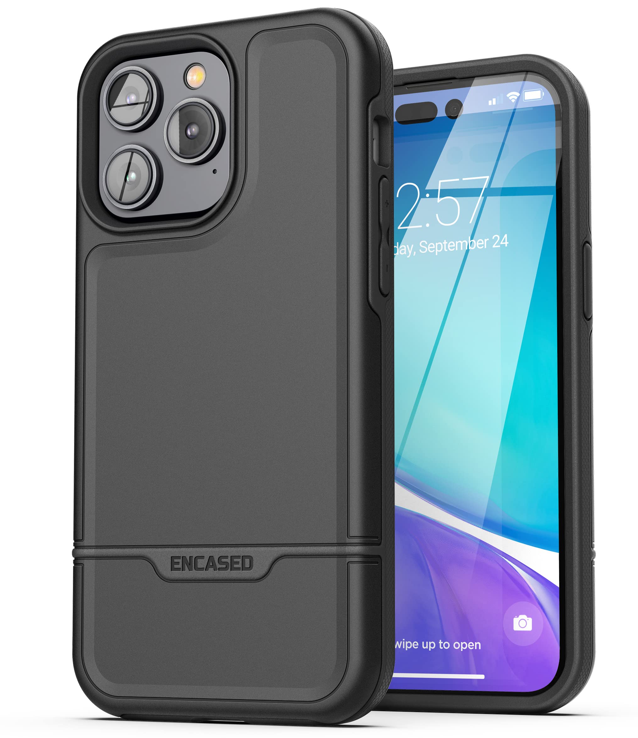 ENCASED Heavy Duty iPhone 14 PRO MAX Case with Screen Protector, Ultra Protective Military Grade [10Ft Drop Rated] Dual Hybrid Rugged Cover (Rebel Series) (Black)