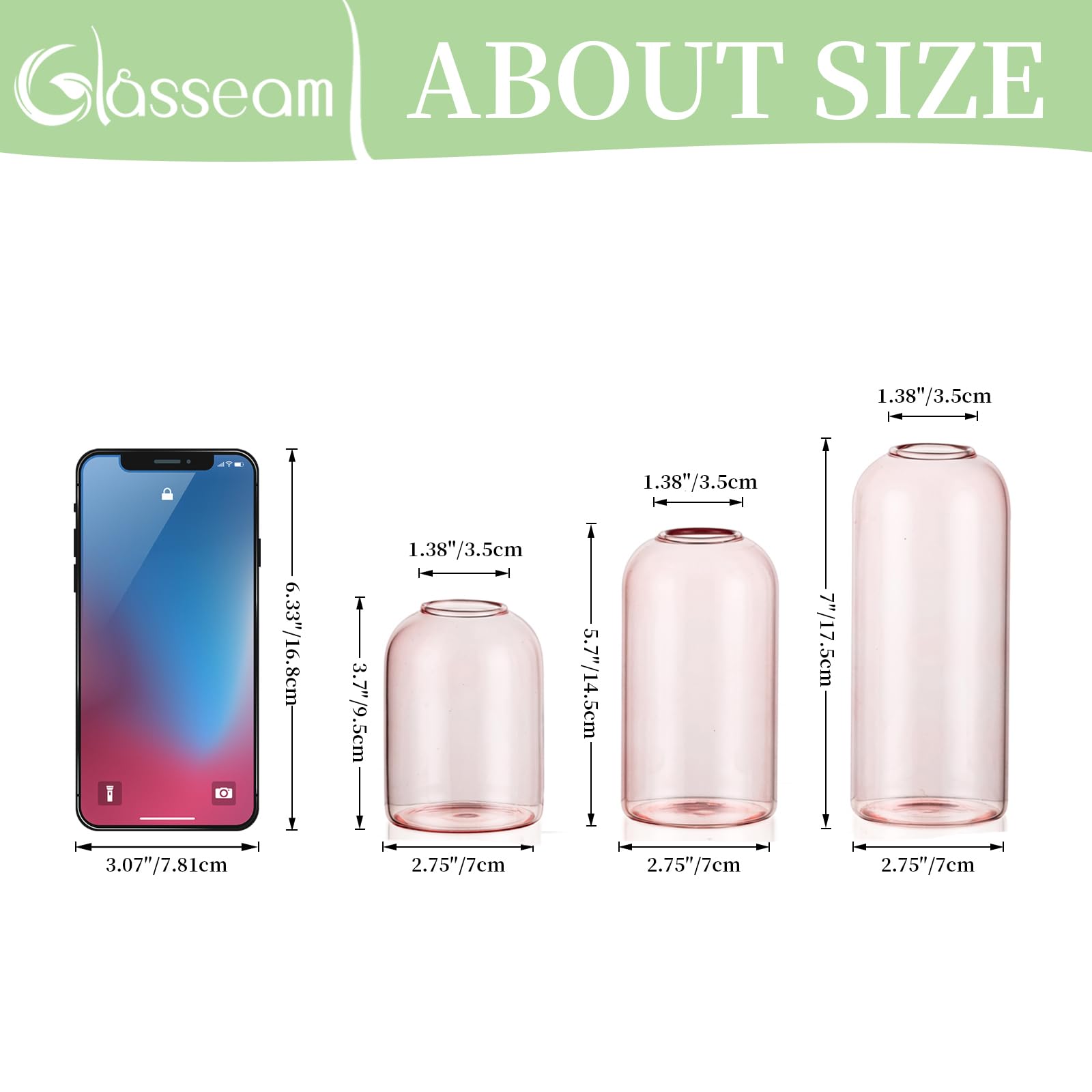 Glasseam Bud Vase Set of 6, Cute Pink Flower Vase Decor, Decorative Small Vases for Flowers, Unique Flower Vases for Centerpieces, Modern Cylinder Vases for Wedding Dining Table Decorations