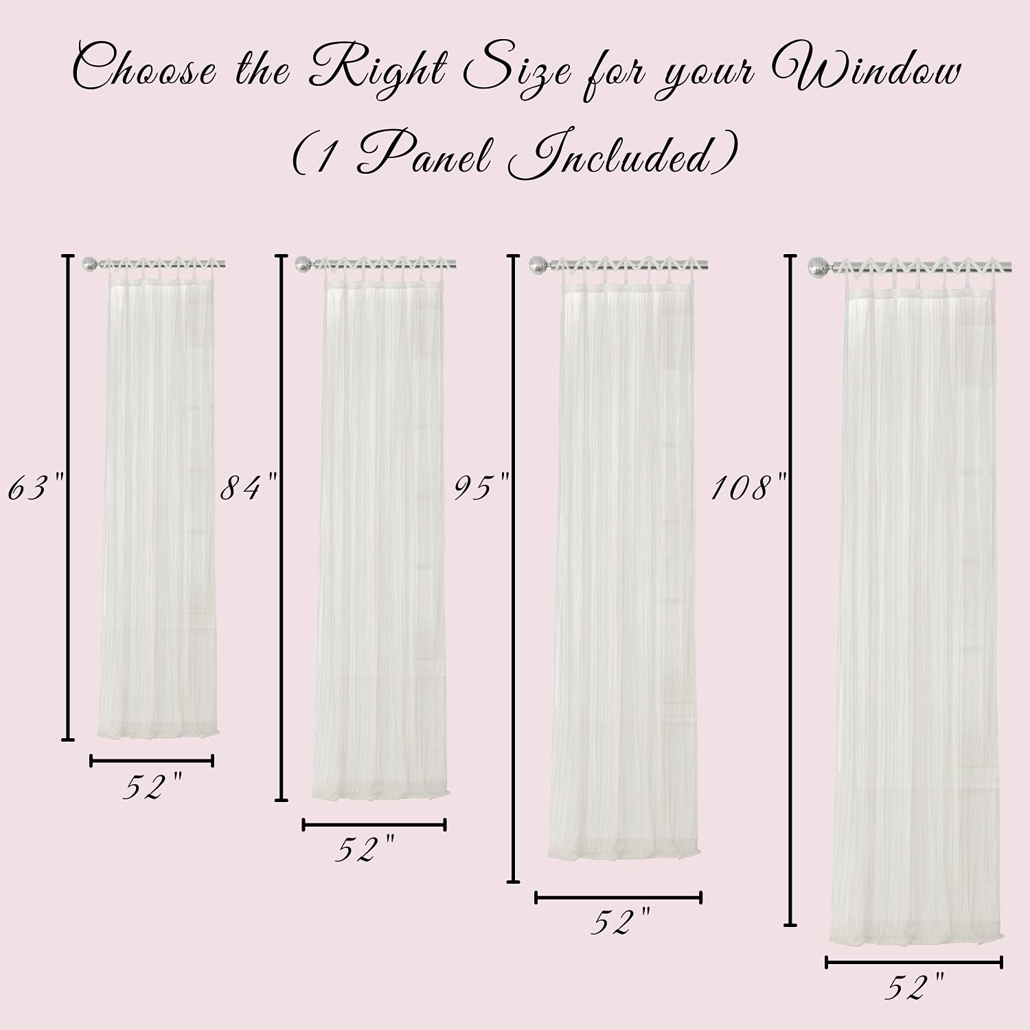 Elrene Home Fashions Greta Crushed Sheer Tie Tab Top Teen Kids Single Window Curtain Drape, 50 in x 108 in (1 Panel), Ivory
