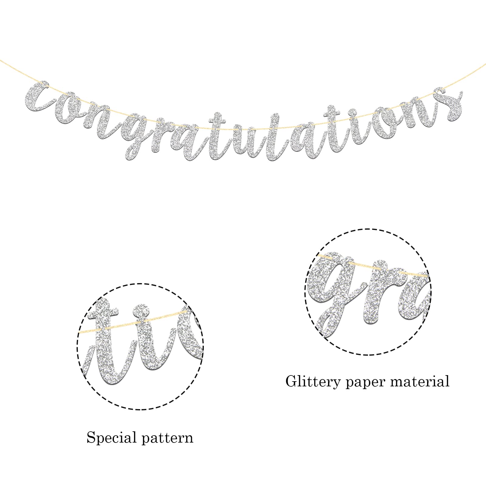 Silver Glitter Congratulations Banner for Wedding, Anniversary, Graduation, Congrats Master Bunting, Retirement Party Decorations Supplies