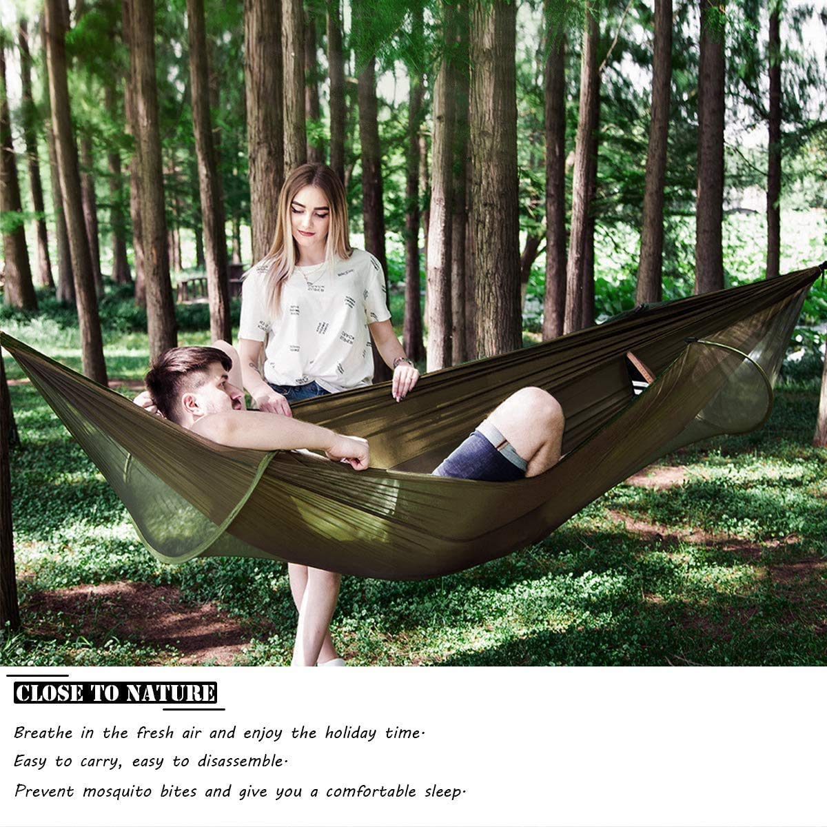 Hammock with Mosquito Net, 2 Person Outdoor Travel Hammock Lightweight Nylon Portable Hammock with Net and 2 x Tree Straps for Camping Hiking (Army Green, 250 120cm)