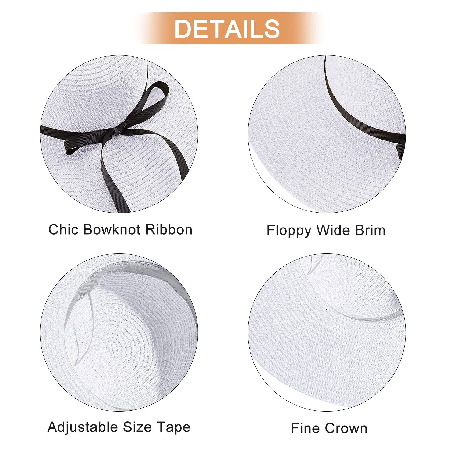FARVALUE Womens Straw Hat Wide Brim Floppy Beach Cap Adjustable Sun Hat for Women UPF 50+ White