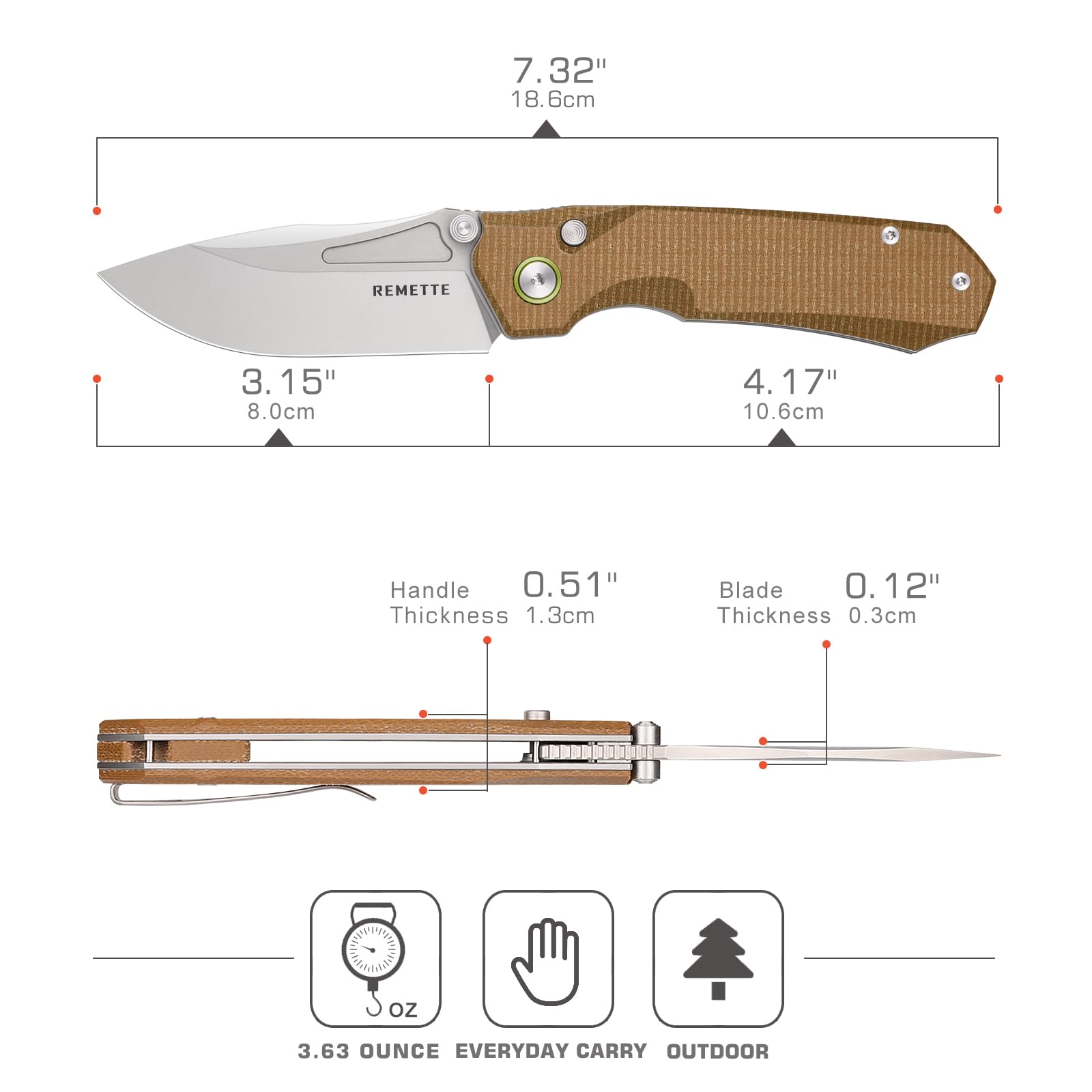 REMETTE Pocket Knife Rockable Design Button Lock Rhino 0316, EDC Pocket Knife for Men, 14C28N Blade Folding Knife, Durable Micarta Handle with Pocket Clip, Sharp Hunting Camping Knives