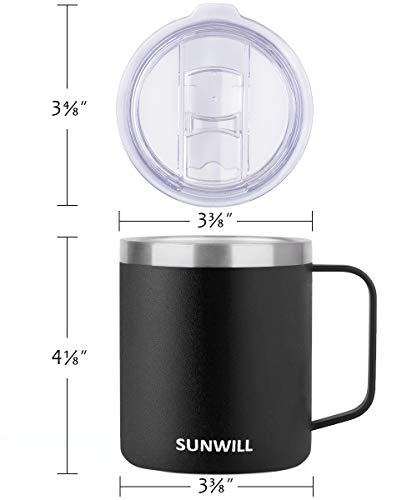 SUNWILL Coffee Mug with Handle, 14oz Insulated Stainless Steel Reusable Coffee Cup, Double Wall Coffee Travel Mug, Powder Coated Black