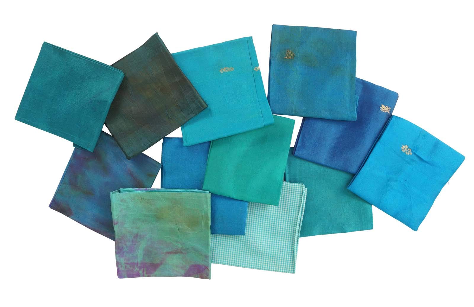 VintageandYou 12 Pieces Reclaimed Sari Silk Fat Quarter Fabric Bundle DIY Sewing Craft, 18 x 22 Inches- Sea Blue