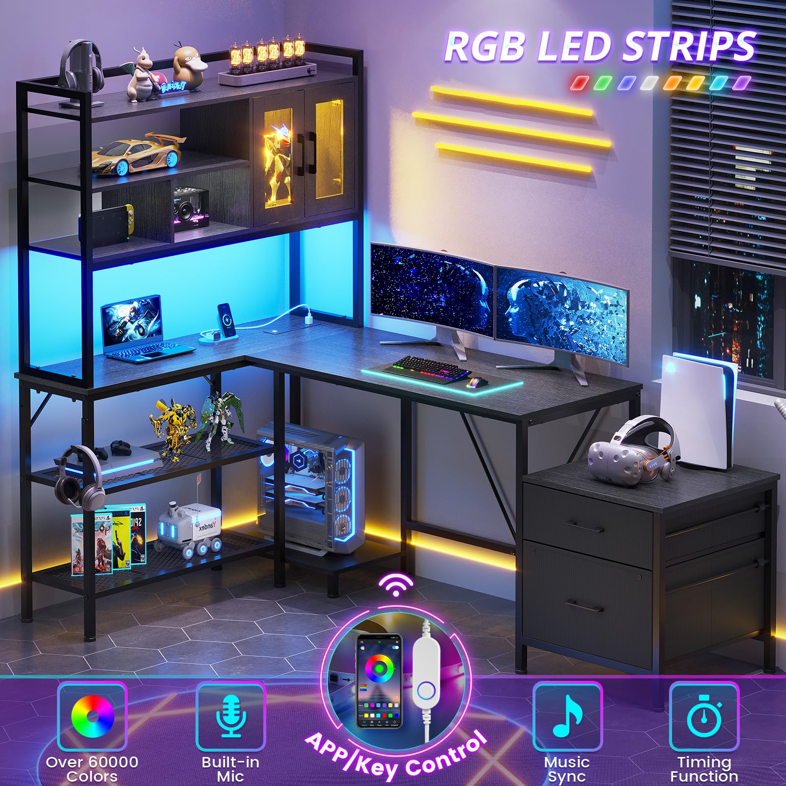 UPOSOJA L Shaped Gaming Desk with Hutch, Reversible Computer Desk with Drawers, Storage Shelves & Pegboard, Modern Home Office Desks with LED Lights & Power Outlet, Corner Desk Black