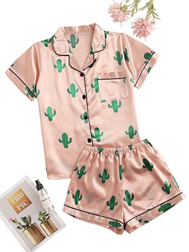 SweatyRocks Women's Short Sleeve Sleepwear Button Down Satin 2 Piece Pajama Set Pink Small