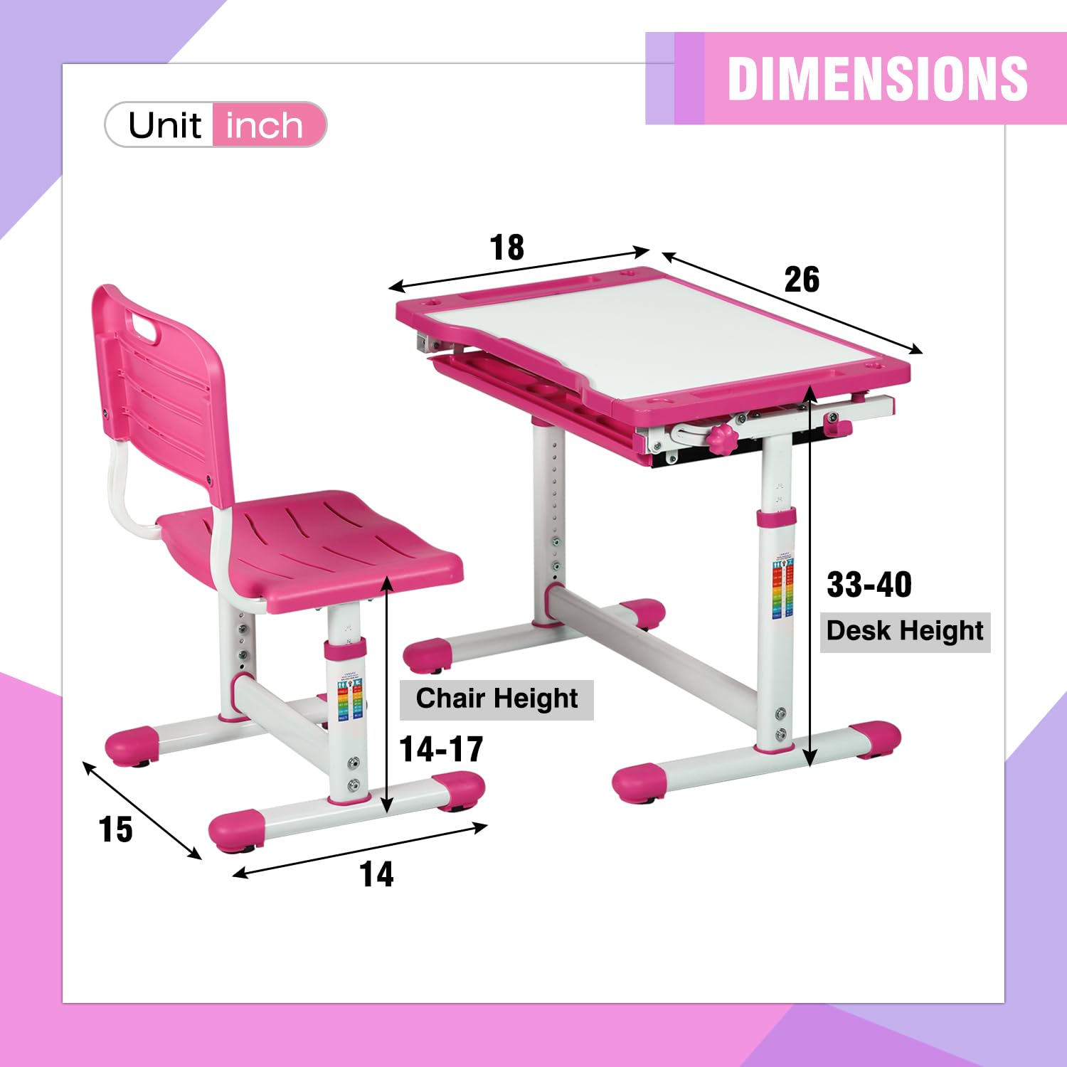 PayLessHere Kids Desk and Chair Set,Height Adjustable Study Desk for Kids with Pull Out Drawer Storage,Multi-function Study Desk and Chair for Writing, Reading and Drawing (Pink)