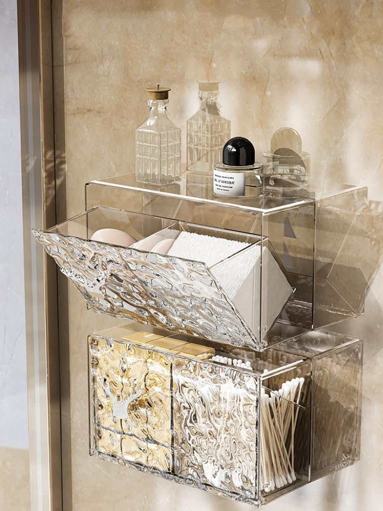 Remtavena Makeup Cotton Storage Box, No-Drill Wall-Mounted Shelf for Bathroom, Cotton Swab and Lipstick Holder, Light Luxury, High Aesthetics (White 2pcs)