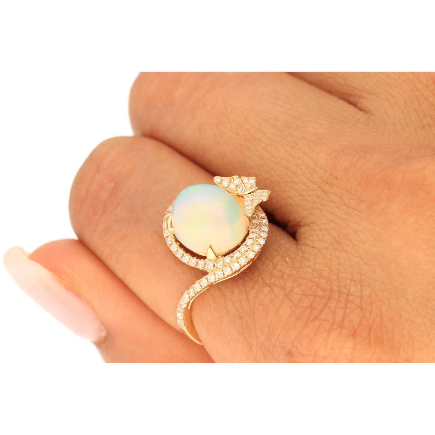 Gin & Grace 14K Yellow Gold Natural Ethiopian Opal Ring with Real Diamonds for Women | Ethically, authentically & organically sourced (Oval) Shaped Opal Hand-Crafted Jewelry for her