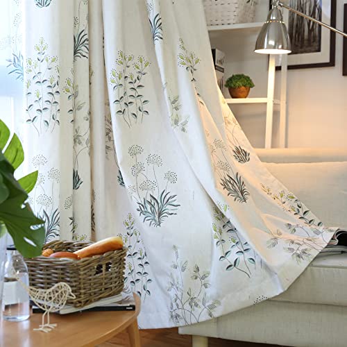 SUOUO Floral Linen Curtains for Bedroom Light Filtering Farmhouse Grommet Drapes for Living Room 2 Panels 52 x 96 Inch Length Green Botanical