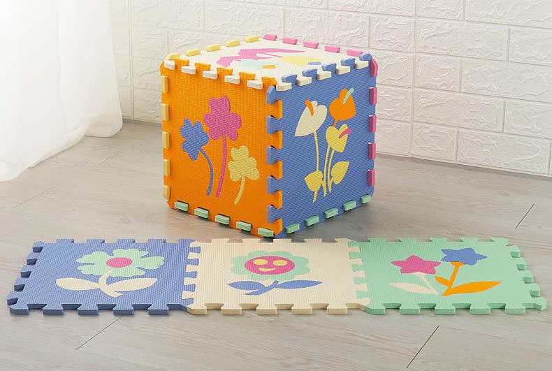 Elsjoy 25 Pieces Play Mat with Fence, Thick Interlocking EVA Foam Mat Floor Tiles, Large Puzzle Playmat Crawling Mat, 9 Flower Patterns