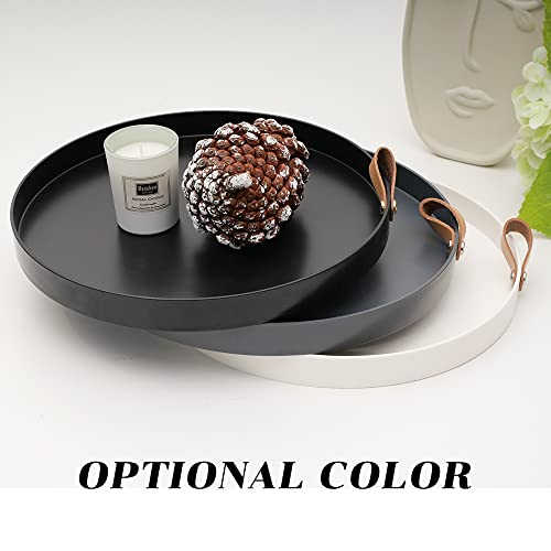 Tynulox Plastic Serving Tray with Leather Handle, Round, Black,10.2x10.2x1 Inch, 1 Pcs