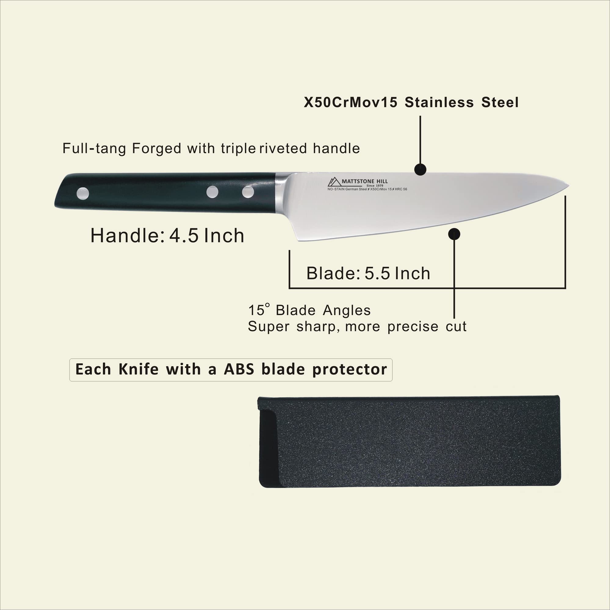 Kitchen Utility Knife 5.5 Inch, MATTSTONE HILL Small Chef Knife with Sheath, Prep Knife, Petty Knife - High Carbon Steel, Triple Rivet Handle