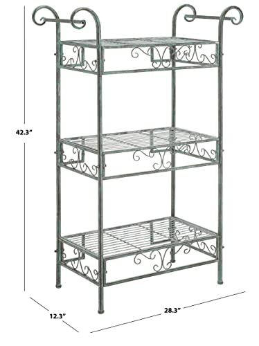 SAFAVIEH Outdoor Collection Noreen Victorian Scroll Antique Dark Green Wrought Iron 3-Tier Shelf