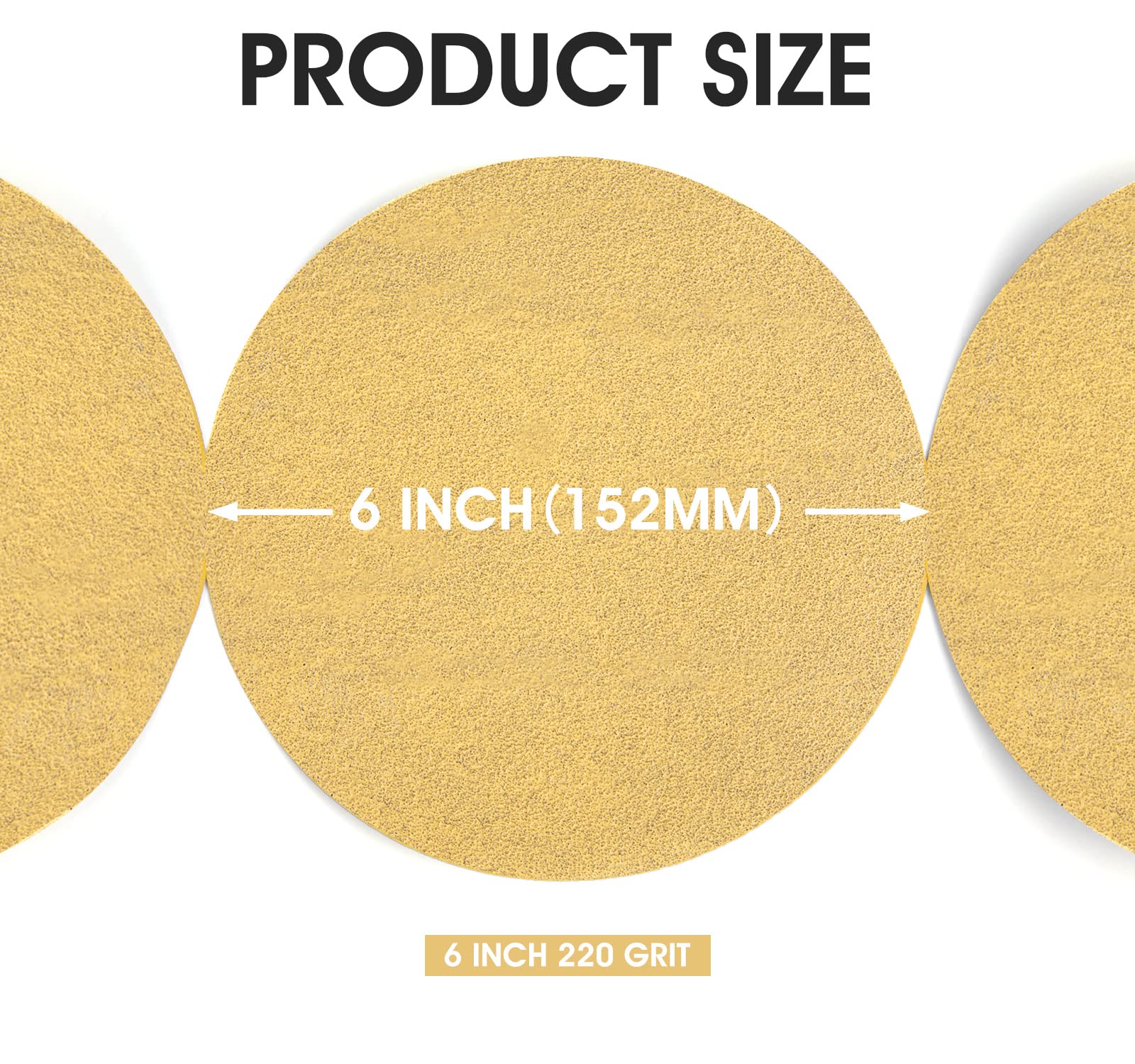 MIDO Professional Abrasive Gold PSA Sandpaper 6 Inch 100 PCS Sanding Discs 220 Grit Self Adhesive Stickyback Sandpaper Roll Aluminum Oxide Adhesive Backed Sandpaper for Wood, Metal, and Car Paint