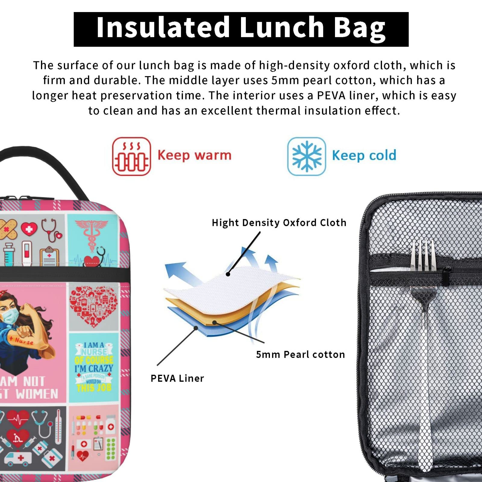 Kaeddi Nurse Lunch Bag Heat Insulated Lunch Box Leakproof Durable Portable Reusable Handbags Large Capacity Thermal Cooler Black One Size