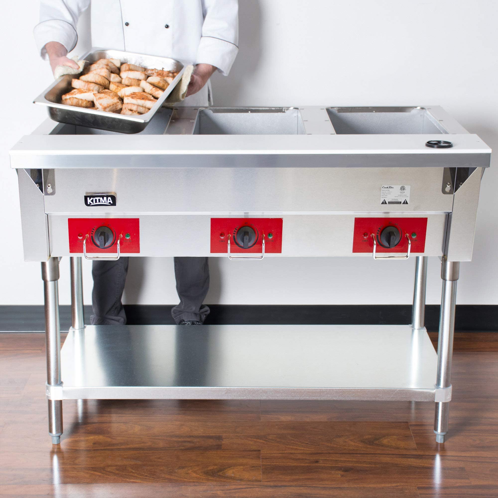 KITMA 3 Bay Steam Table - Open Well Commercial Electric Food Warmer, 120V, Full Size