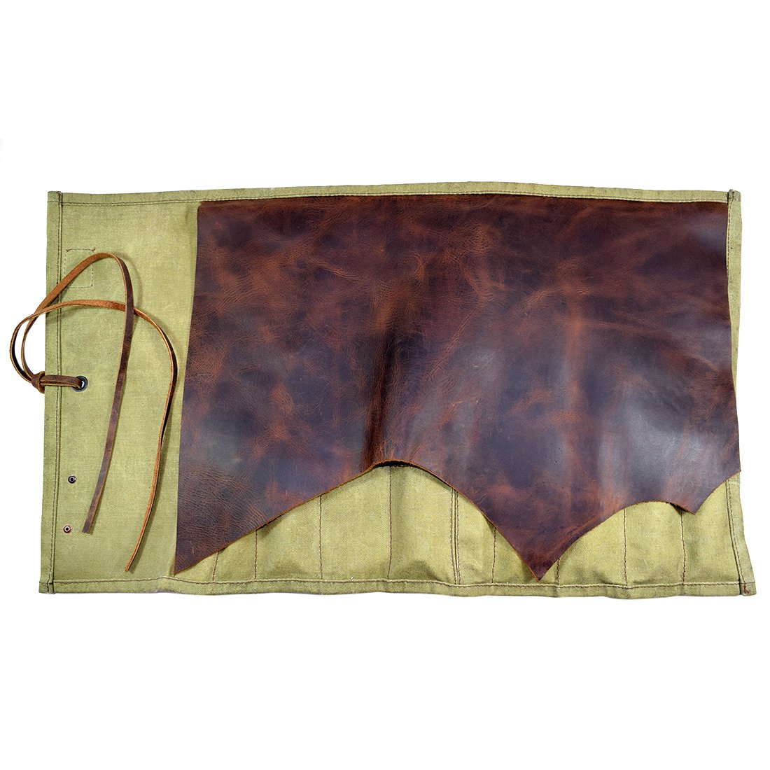 Hide & Drink, Waxed Canvas All Purpose Knife Roll (10 pockets) w/Leather Cover Handmade :: Bourbon Brown