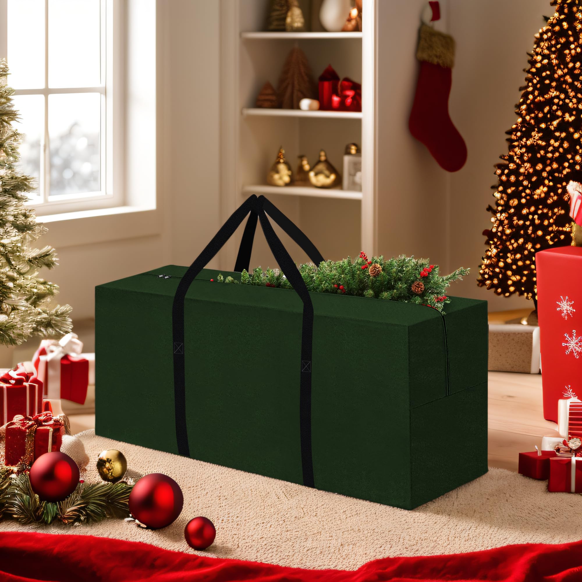 skyfiree Christmas Tree Storage Bag Fits Up to 12 Ft Tall Artificial Disassembled Trees, Heavy Duty 420D Waterproof Christmas Tree Bag Extra Large Xmas Tree Bag with Handles & Zipper (Green)