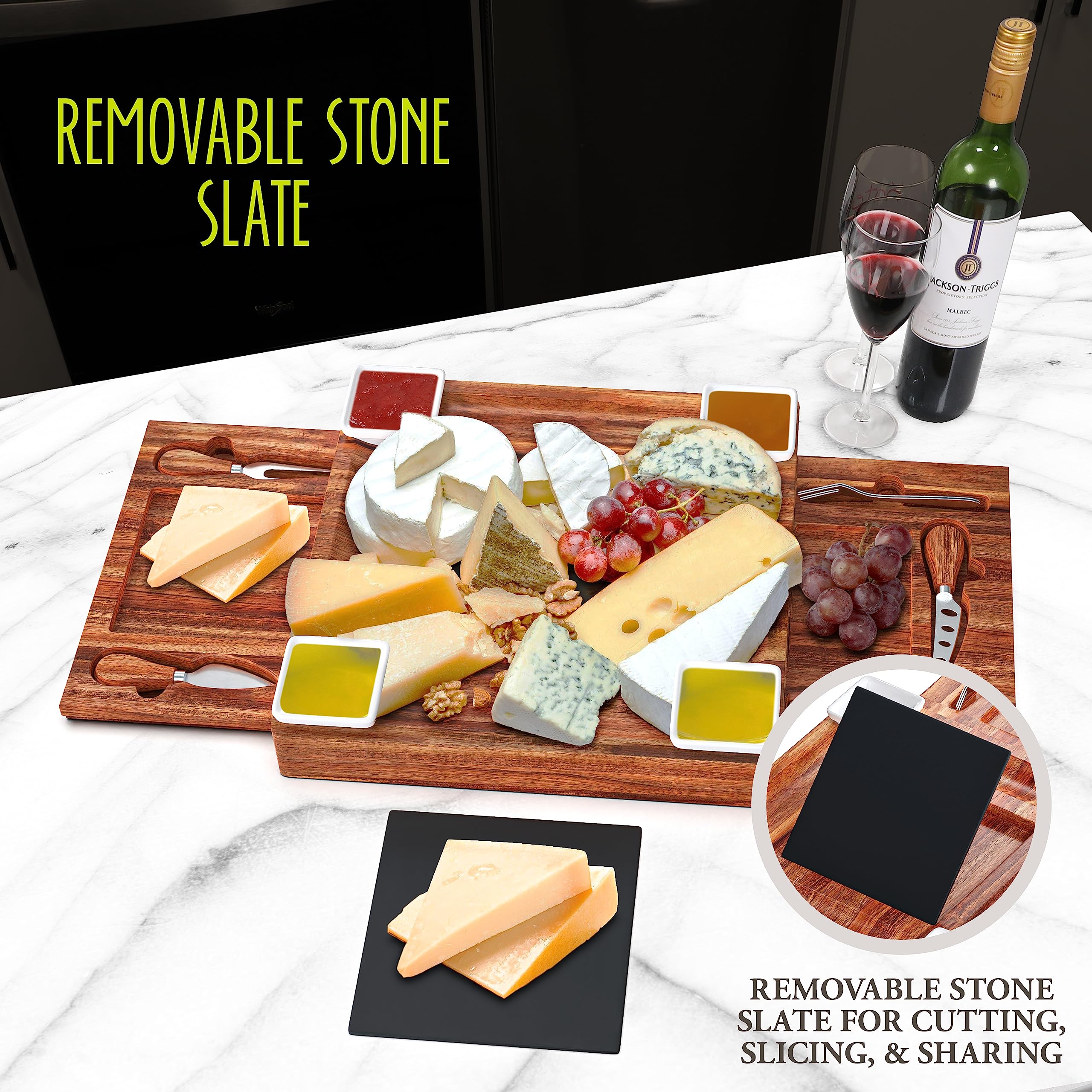 G Francis Large Charcuterie Boards with Bowls and Cheese Board Knife Set - 12.5in Square Acacia Wood Serving Platter Set