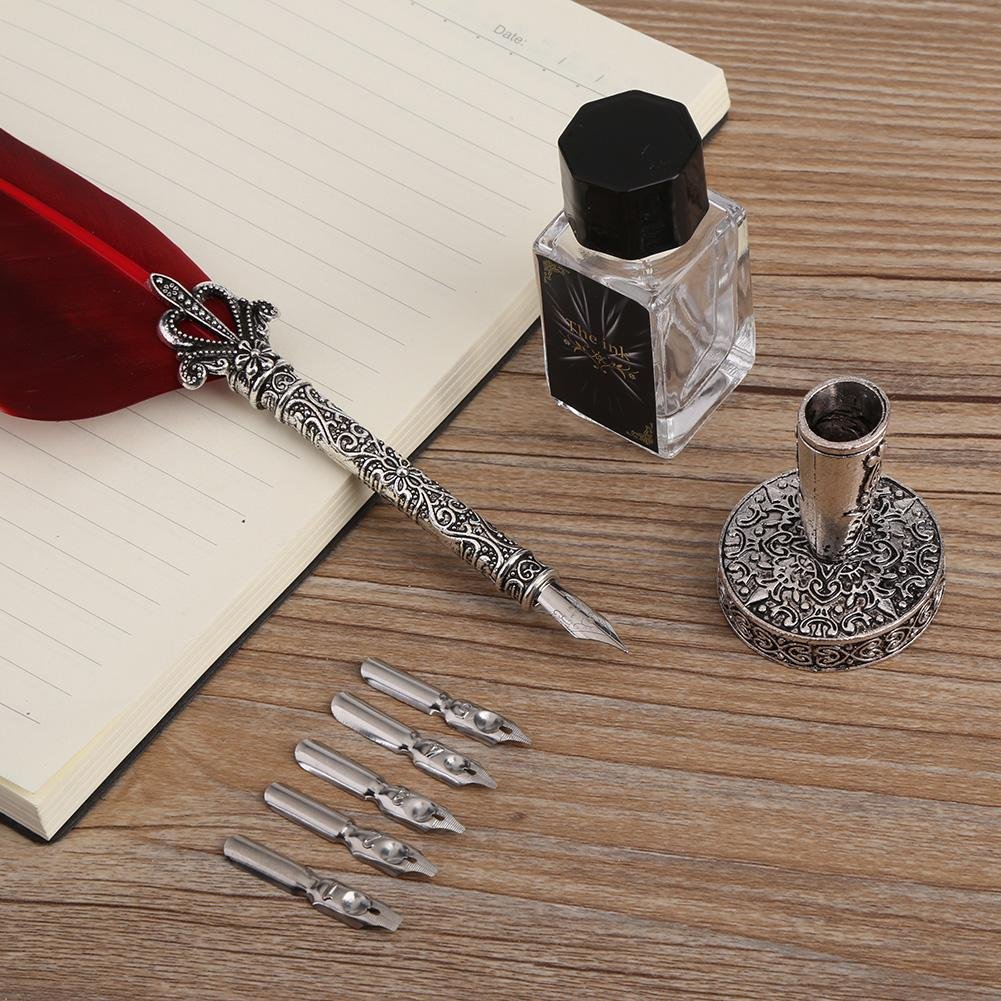 Feather Quill Pen,Antique Calligraphy Feather Dip Quill Pen with Ink Set,5 Replacement Nibs,Fluent in writing(Red)
