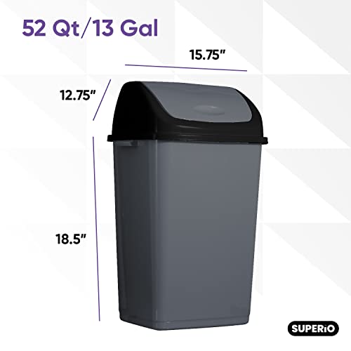 Superio Swing Top Trash Can, Waste Bin for Home, Kitchen, Office, Bedroom, Bathroom, Ideal for Large and Small Spaces - Grey (4 Pack- 2.5 Gal, 9 Gal, 13 Gal)