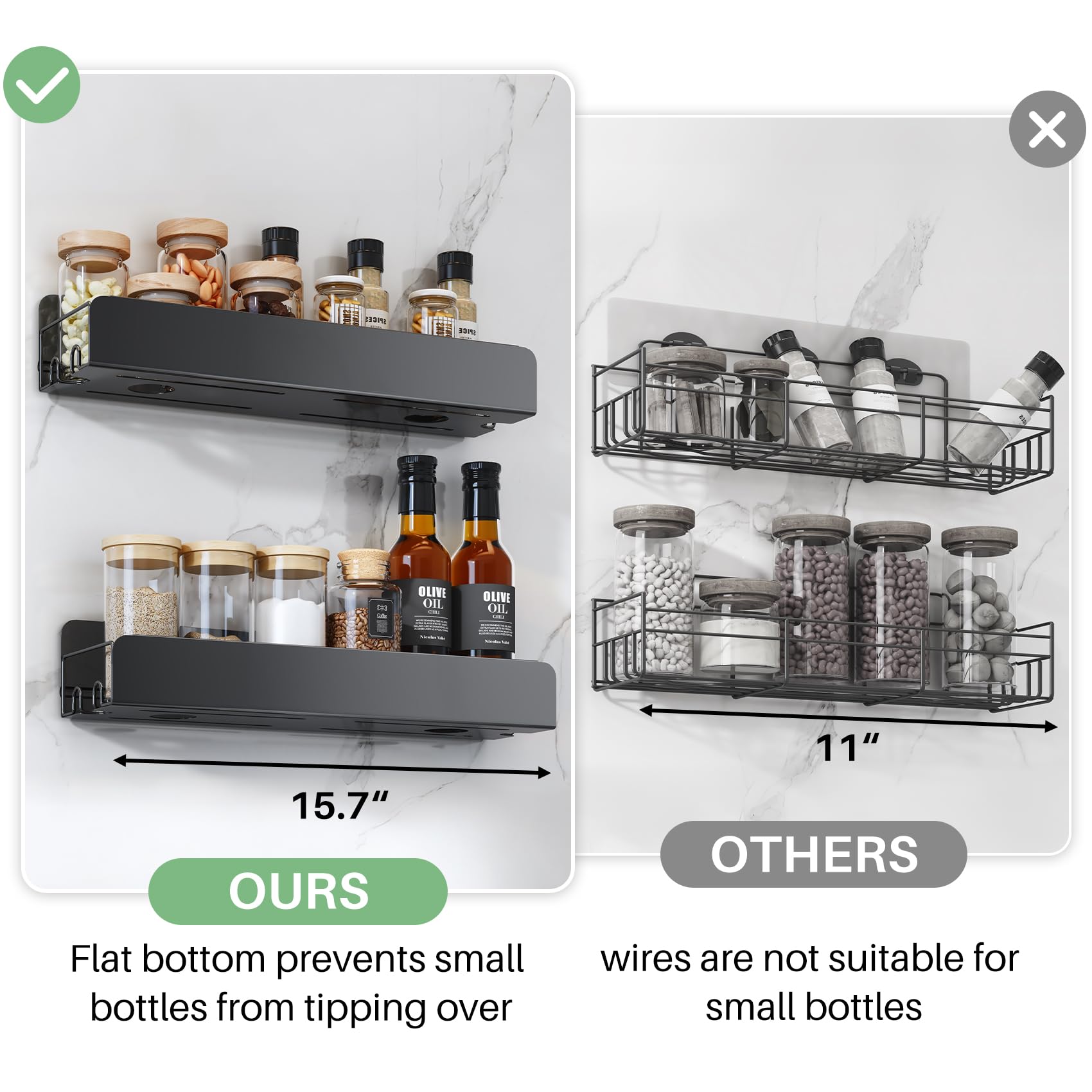 Kitstorack Spice Rack Wall Mount, 2 Pack 15.7" Oversize Spice Rack Organizer without Drilling Large Adhesive Hanging Spice Racks, Kitchen Essentials Home Decor, Black,for Smooth Walls