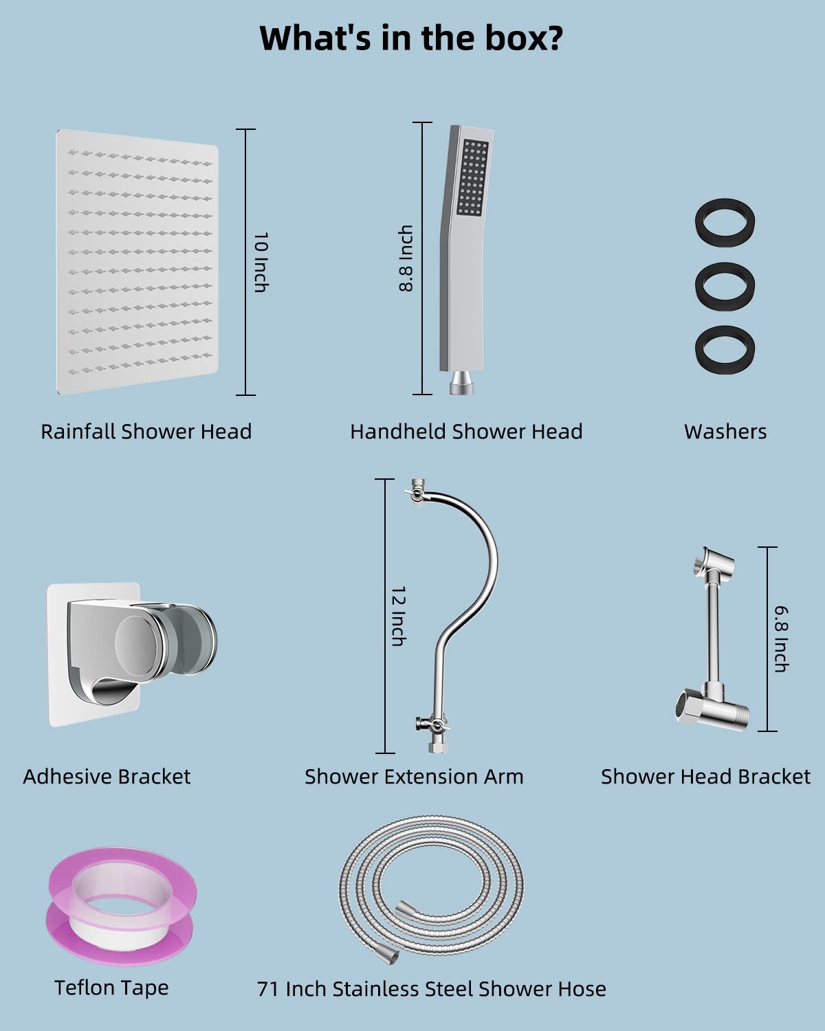 Hibbent All Metal Shower Head, 10'' High Pressure Rainfall Shower Head, Showerhead Combo/Handheld Shower Wand, 12'' Adjustable Curved Shower Extension Arm, 71'' Hose, 2 Shower Head Holders, Chrome