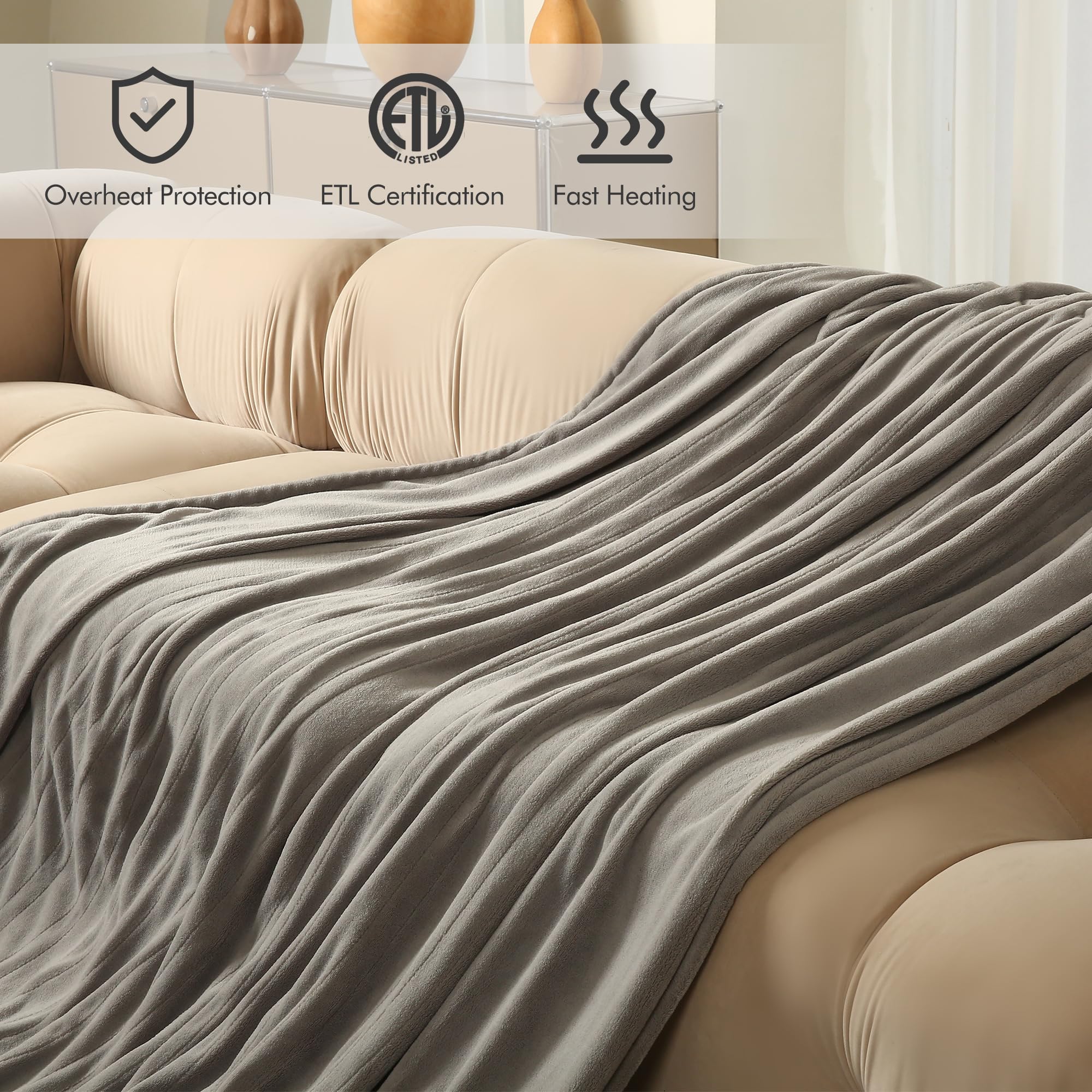 ESTINGO Heated Blanket Twin Size, Fast Heating Blanket with Extremely Cozy Plush, Electric Blanket with 5 Heating Levels & 10 Hours Auto Off for Bedroom Office Couch, 62"x84", Light Gray