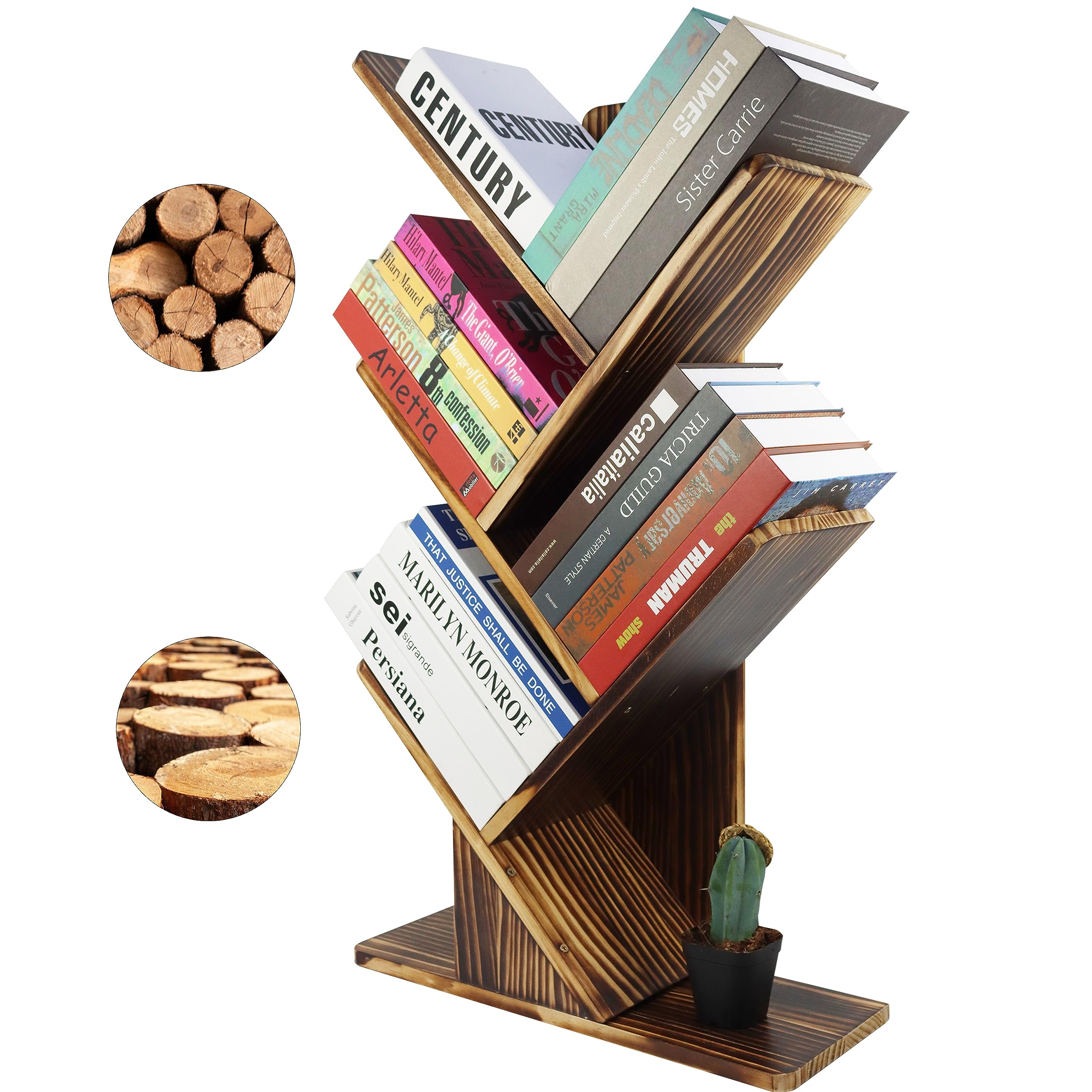 vicatova 4 Tier Solid Wood Tree Bookshelf, Shelves for Bedroom Living Room, Home Office, Bookshelf for Kids, Wooden Bookshelves Storage Rack for CDs, Movies, Books, Small Bookcase,Rustic Brown