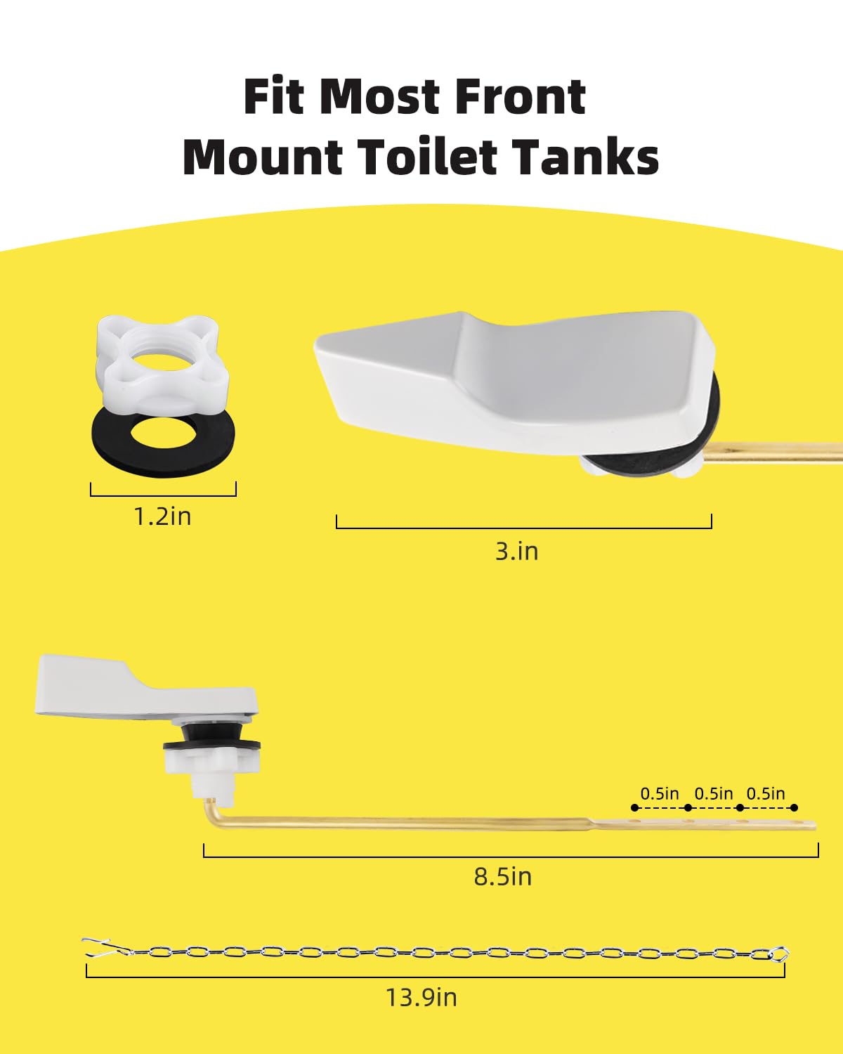Hibbent Toilet Handle Replacement, Front Mount Tank Flush Lever Handle Compatible with American Standard, Toilet Trip Lever with Stainless Steel Flapper Chains, White