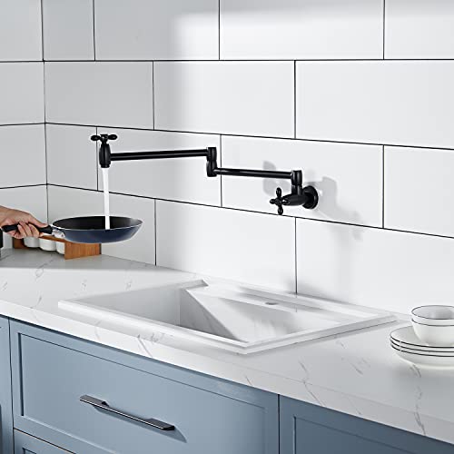 KRUZOO Pot Filler Kitchen Faucet Solid Brass Folding Wall Mount Stretchable Double Joint Swing Arm Single Hole 2 Handles Extending Arm,Matte Black