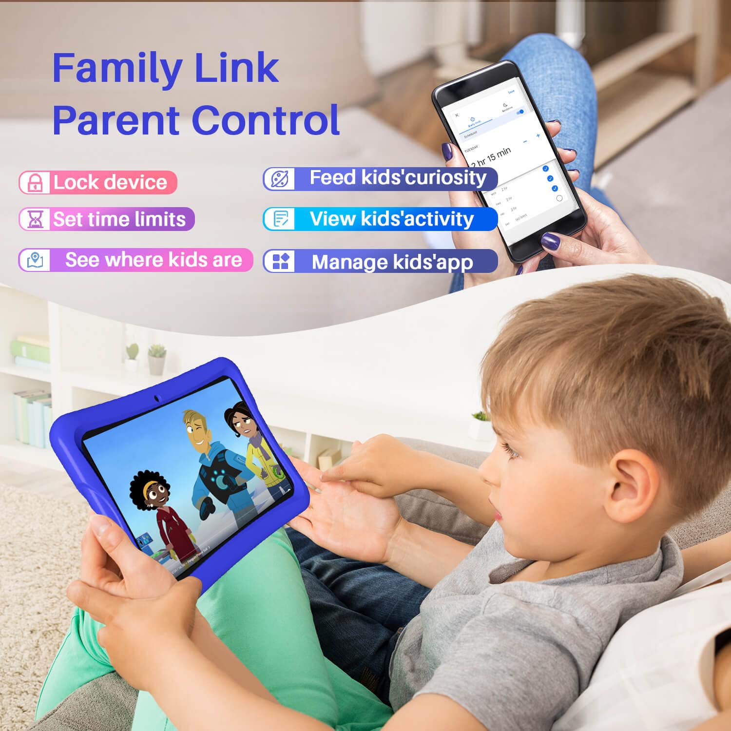JREN Kids Tablet, 10" Tablet for Kids,IPS HD Display 1280 X 800, RAM 4GB and 64GB Storage, Google Family Link Kids Space Pre-Installed, YouTube,Ages 6-12,Color Blue