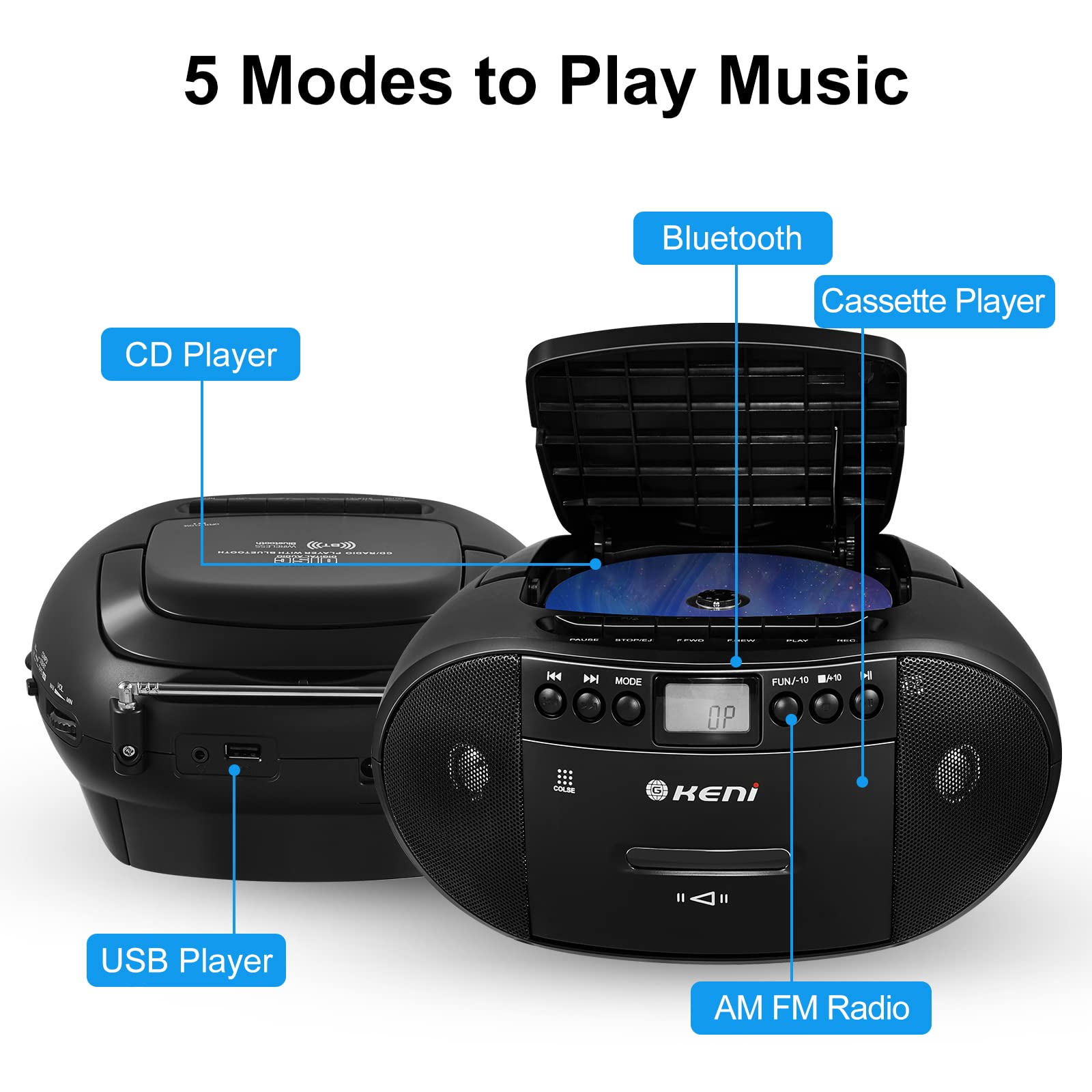G Keni Portable CD and Cassette Player Boombox Combo, Casette Tape Recorder with Remote, AM FM Radio, USB Playback with Earphone Jack, 5.1V Bluetooth Speaker, Battery Operated or AC Powered for Home
