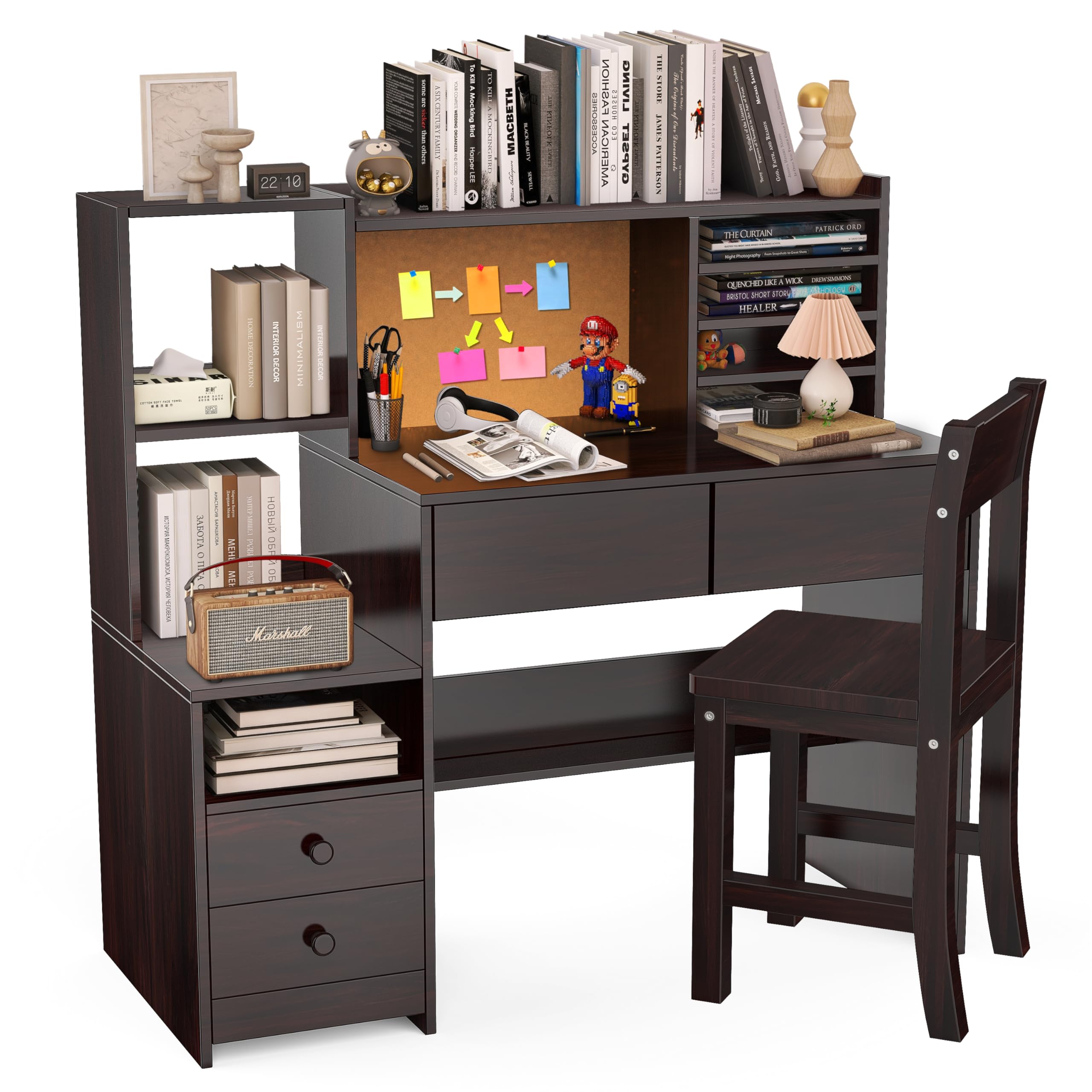 RUPOLX Childrens Computer Desk with 4 Drawers, Espresso Kids Desk and Chair Set for 5-12 Year Old,Kids Study Table with Storage Shelf-P8Phus