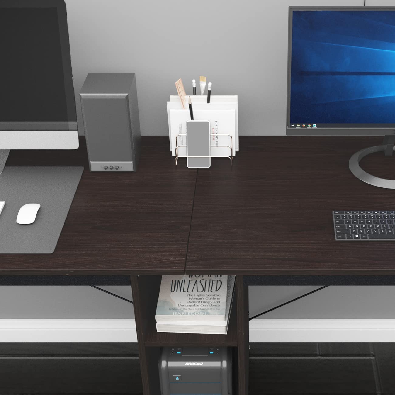 DlandHome Double Computer Storage Desk, 78 inches Extra Large Home Office 2 Person Desk Multifunction Gaming Table Workstation for Home Office, Walnut Black LD-H01