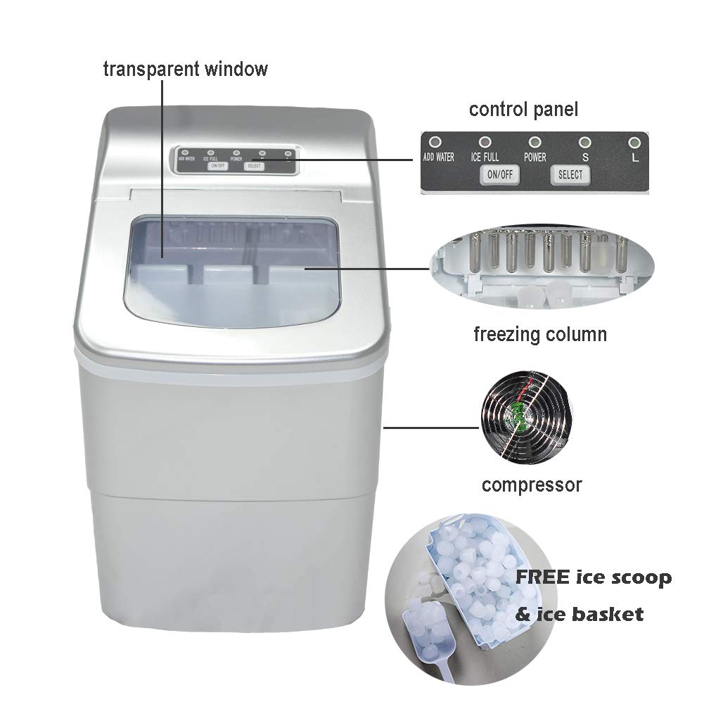 Smad Countertop Ice Maker Machine, Chewable Bullet Ice Chip Maker with Ice Scoop & Basket, 26 Lbs/Day, Silver